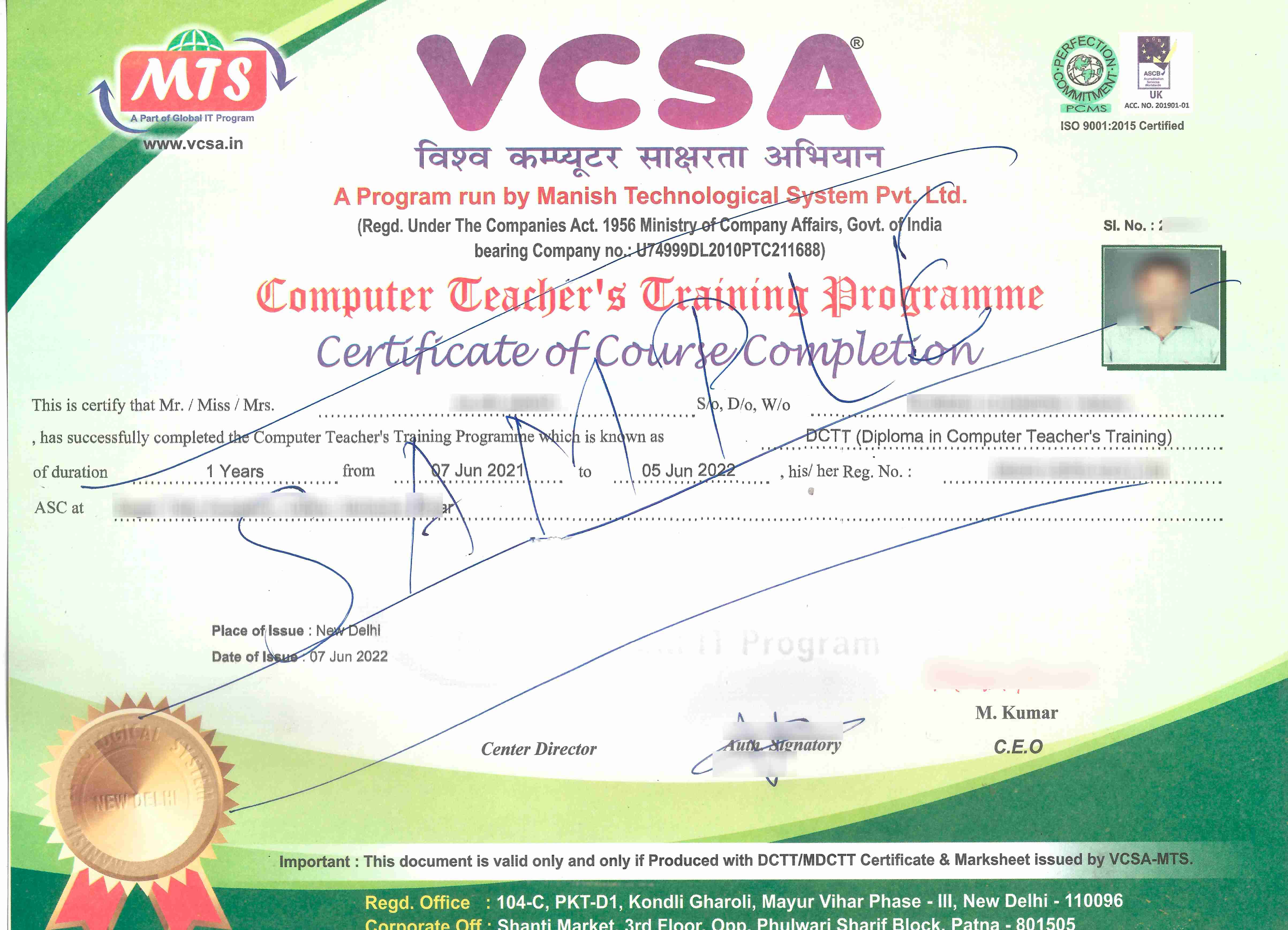 Official Website VCSA - MTS Pvt. Ltd. No. PMKVY NDLM NSDC Skill ...